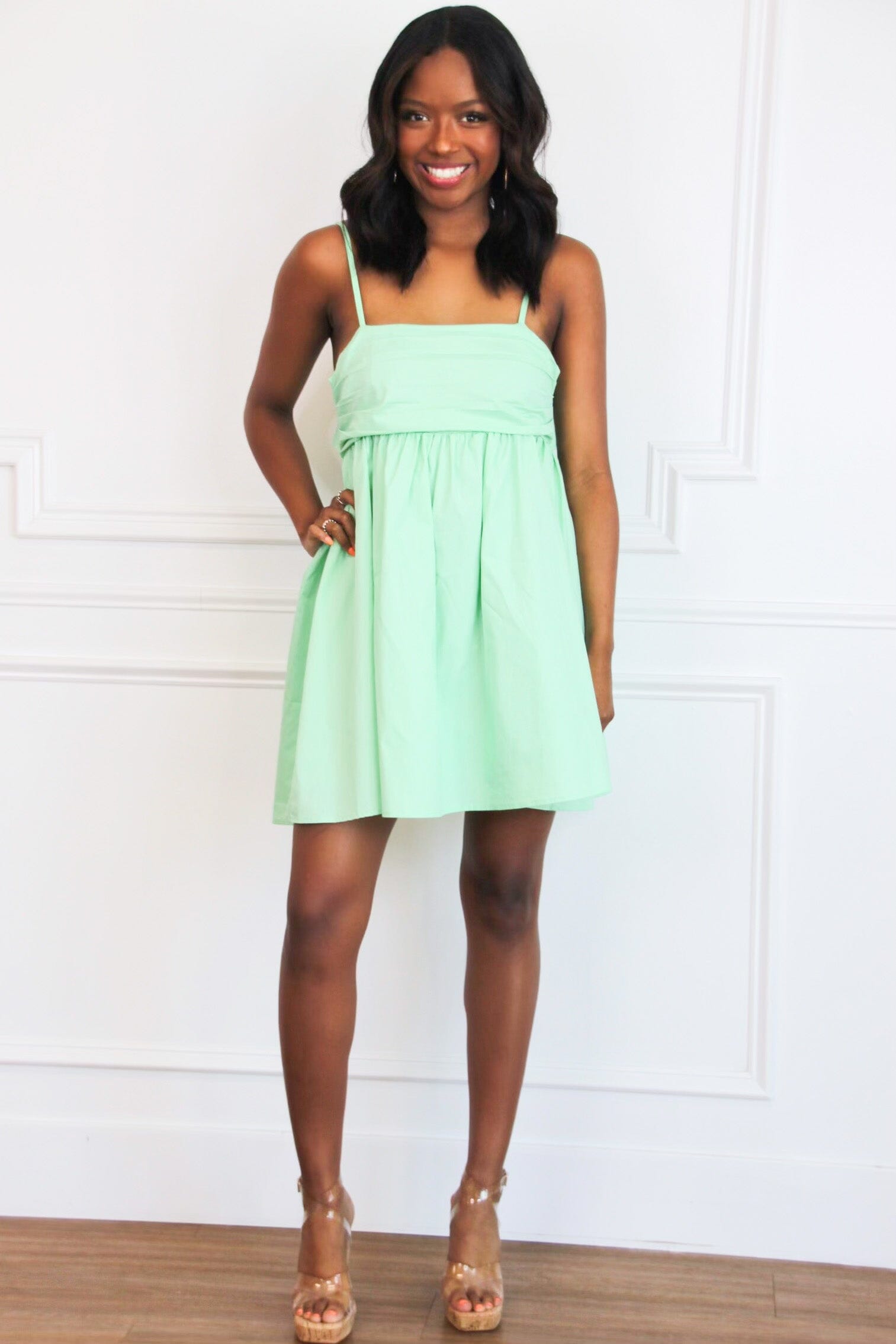 Bella and Bloom Boutique - Tilly Babydoll Bow Back Dress: Mint Green