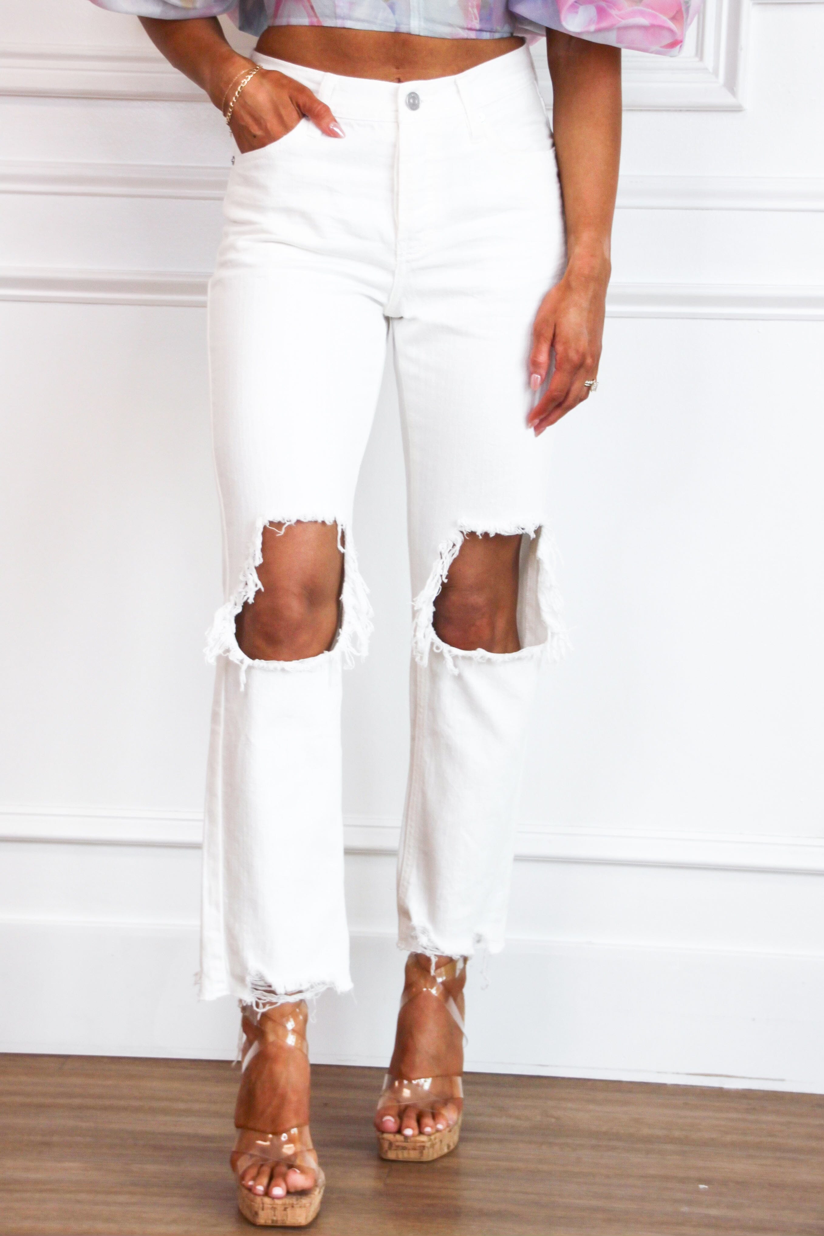 Bella and Bloom Boutique - Meridian Distressed High Rise Denim: White
