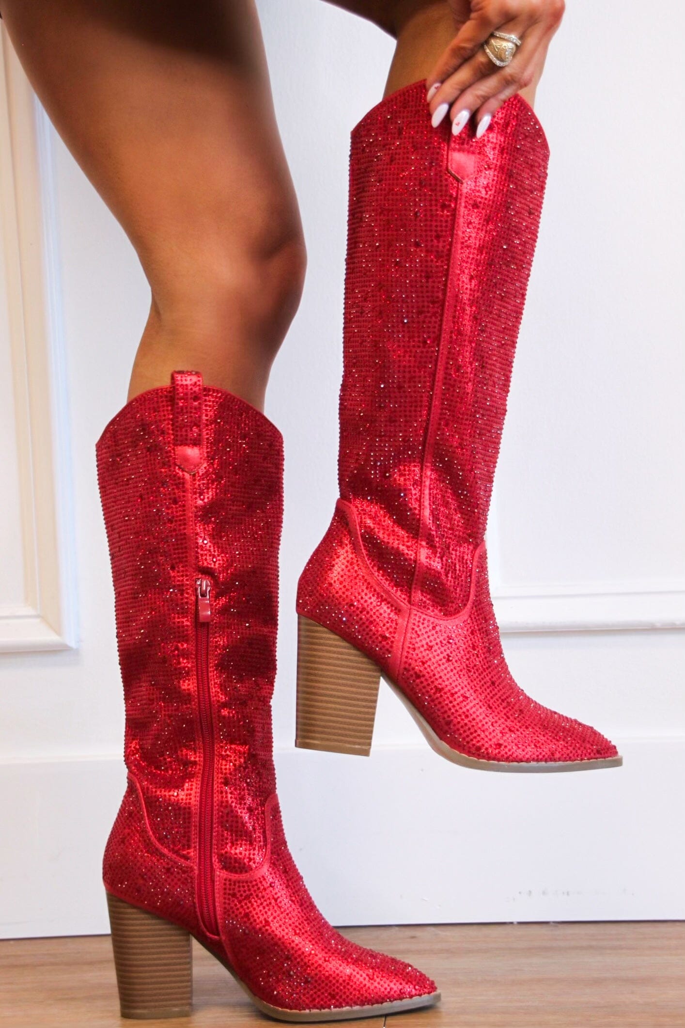 Bella and Bloom Boutique - Imogen Rhinestone Knee High Western Boots: Red