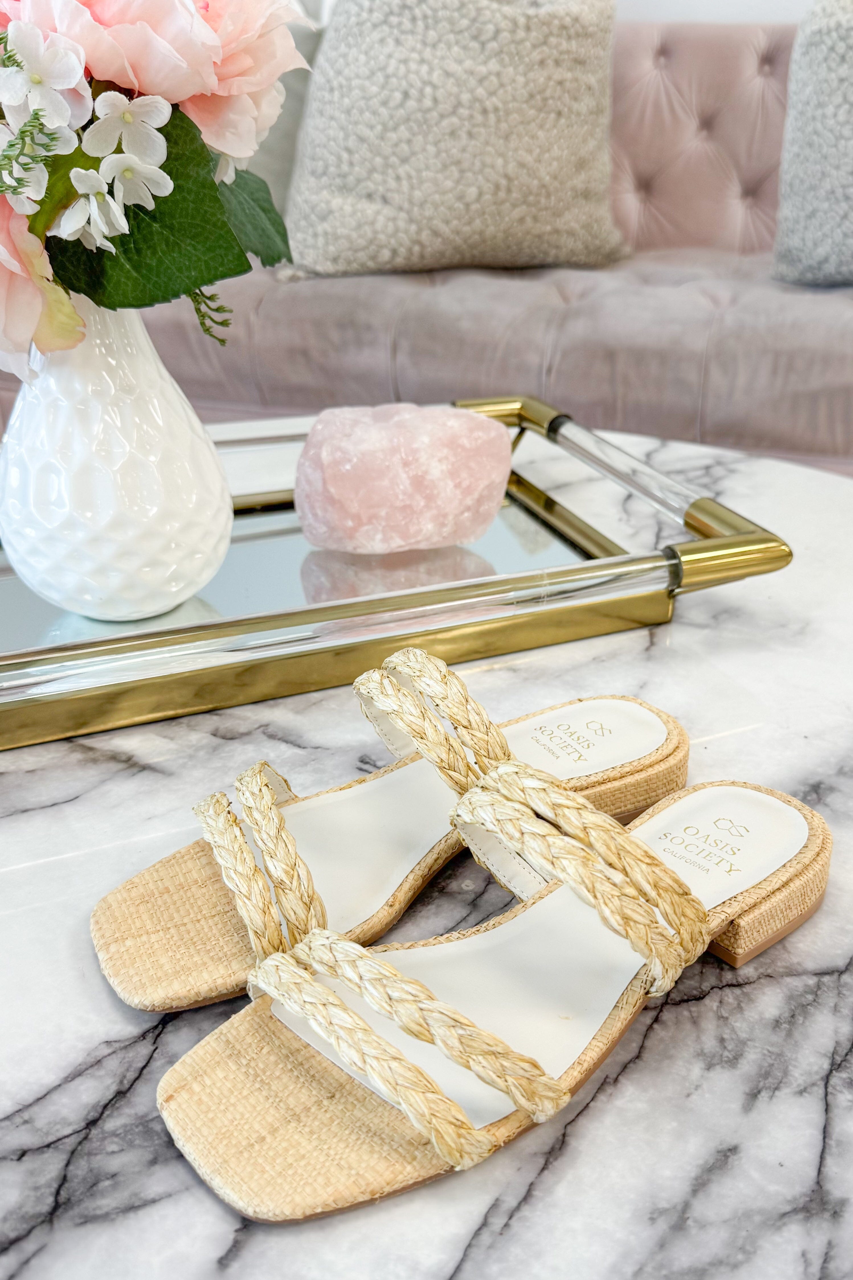 Bella and Bloom Boutique - Valerie Pearl Strap Block Sandals: Butter Cream